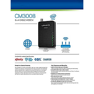 Linksys DOCSIS 3.0 8x4 Cable Modem Certified with Comcast Xfinity, Spectrum, Cox (CM3008)