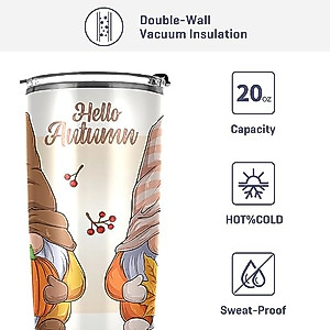 Jihqo Cute Autumn Pumpkin Gnome Tumbler with Lid and Straw, Insulated Stainless Steel Tumbler Cup, Double Walled Travel Coffee Mug Thermal Vacuum Cups for Hot & Cold Drinks 12oz