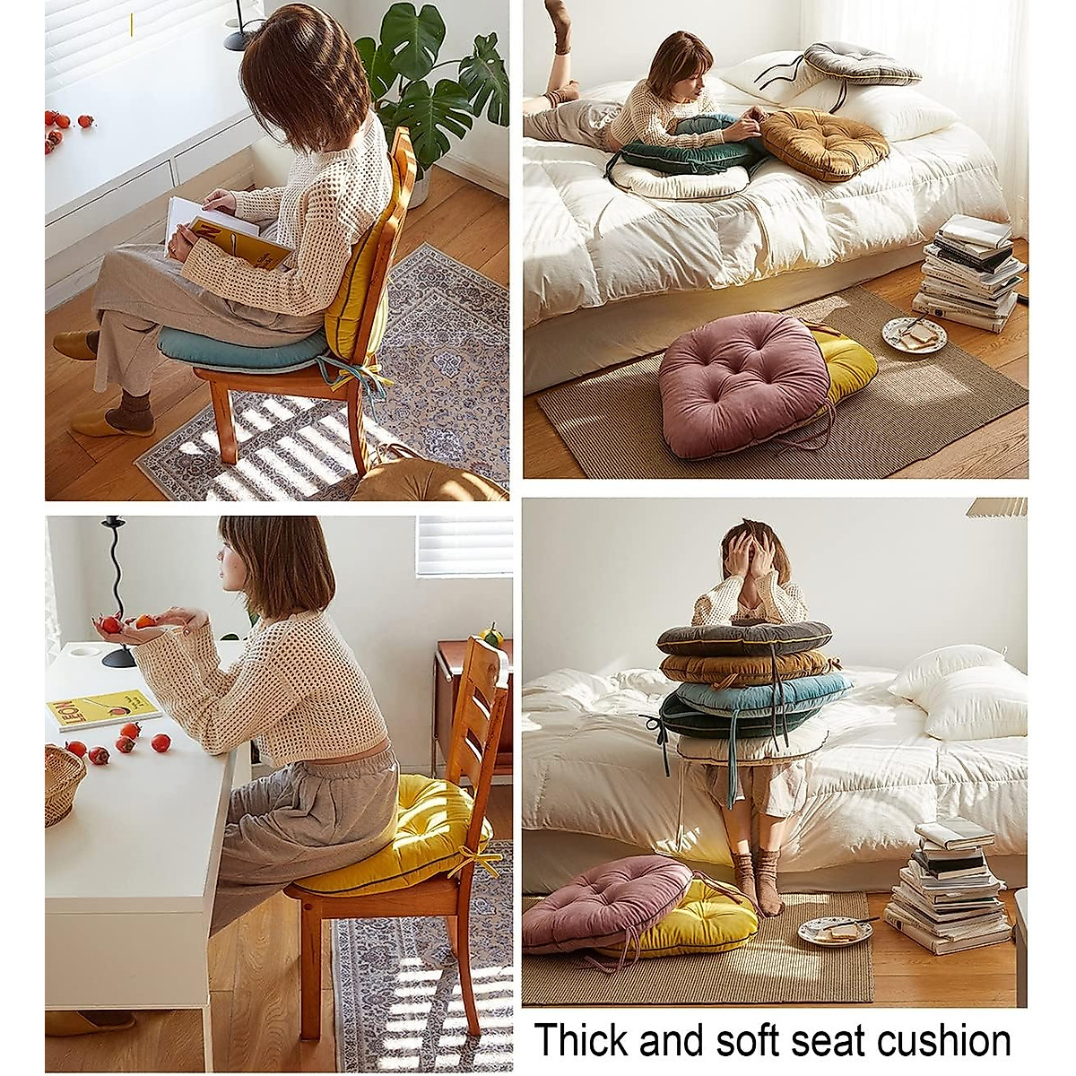Thick Chair Pad for Dining Chairs,Soft Seat Cushion with Ties Non Slip Dining Chair Cushion, Velvet Chair Seat Cushion (Color : Khaki, Size : 38 * 40cm)