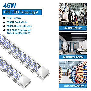 SHOPLED LED Shop Light 4FT, 45W 5850LM 6000K Cool White, Linkable T8 LED Light Fixtures, D-Shaped T8 LED Tube Lights, High Output, Clear Cover, 4 Foot LED Shop Lights for Garage, 4 Pack