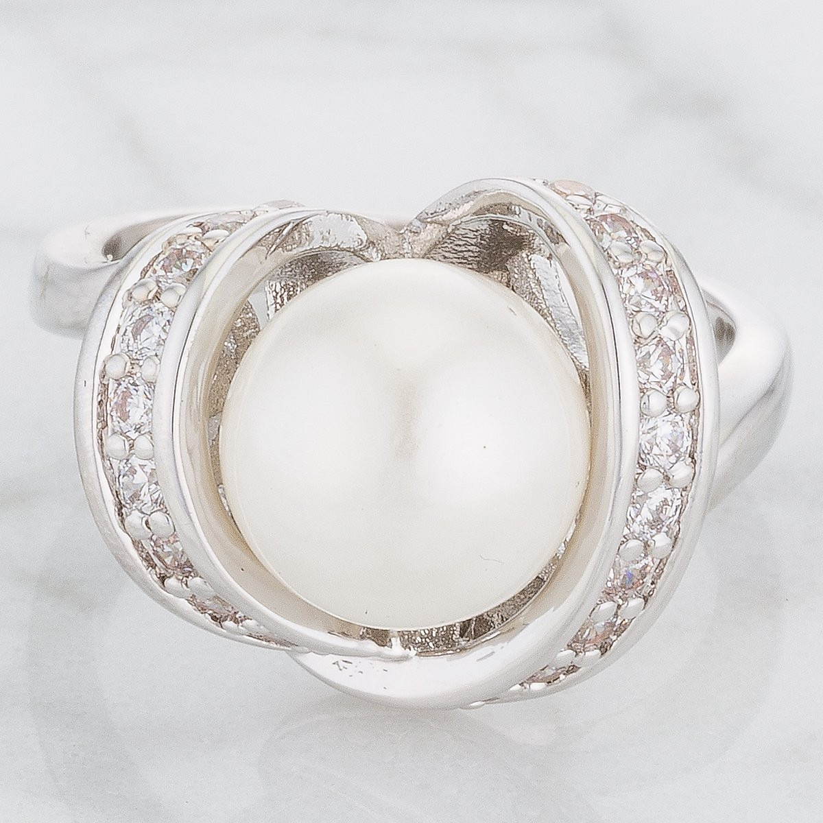 Kate Bissett Rhodium Plated Pearl Ring with Round Cut Clear CZ Surrounding a Large Pearl Center stone Size 6