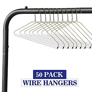 Yuntau 50 Pcs Wire Hangers Bulk Dry Cleaner Hangers with Tubs 16" Caped Clothing Hangers Suit Hangers Strut Hangers for Dry Cleaners or Home(Gold)