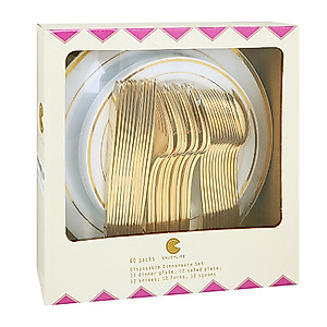 supernal 60pcs Gold Plastic Dinnerware,Gold Plastic Plates with Gold Plastic Silverware,Gold Plastic Party Plates,Gold Plastic Cutlery Service for 12 Guests,Perfect for Thanksgiving,Christmas,Party