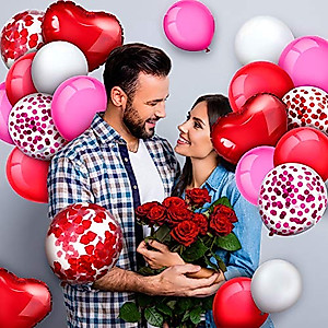 145 Pieces Valentine's Day Balloon Garland Arch Kit Include Red Pink White Latex Balloons, Heart Mylar Balloons, Confetti Balloons, Tie Tools, Strip Tapes for Valentine's Day Wedding Engagement Party Supplies