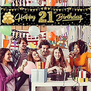 21st Birthday Banner Decorations for Her & Him, Black Gold Happy 21 Year Old Birthday Sign Party Supplies Décor, Twenty First Birthday Photo Banner for Outdoor Indoor