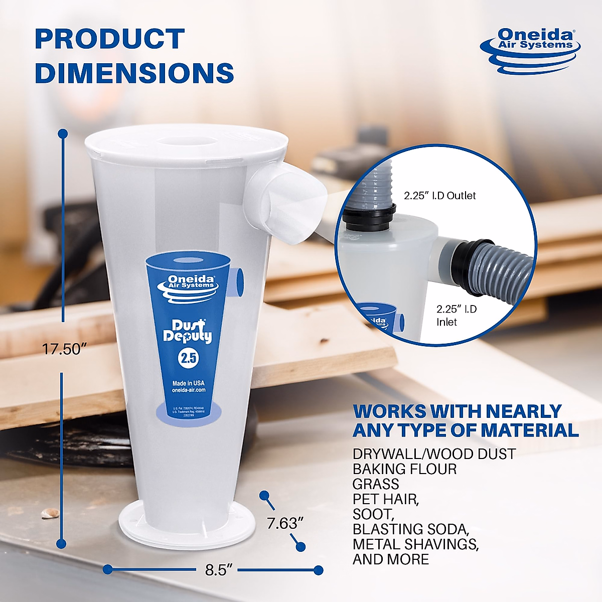 Oneida Air Systems Dust Deputy 2.5 Plus Cyclone Separator XL: Highest CFM Collector for Wet/Dry Shop Vacuums with Lid (New DD 2.5 Plus)