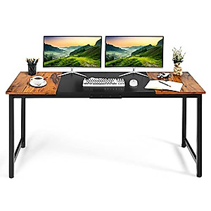 COSTWAY 63” Computer Desk, Modern Home Office Desk, Sturdy Steel Frame Writing Desk with Spacious Splice Desktop, Simple Laptop Desk for Study, Office, Dining Room, Simple Installation