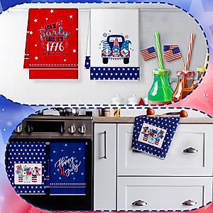 Geyoga 4 Pcs 4th of July Kitchen Dish Towel American Flag Hand Towel Patriotic Star Stripe Decorative Dishcloth White Blue Red Dish Towels for Memorial Independence Day (Bright Color,Gnome Truck)