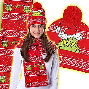 Dr. Seuss The Grinch Who Stole Christmas Knit Scarf & Pom Beanie Set