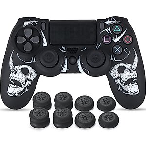 YoRHa Laser Carving Silicone Skin for PS4 Controller x 1(Skulls White) with Exclusive Thumb Grips x 8