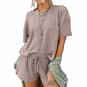 Andeip Women's Waffle Knit Pajama Set Casual Short Sleeve Shirt with Shorts Pajama Pant Sleepwear Sets Light Khaki M