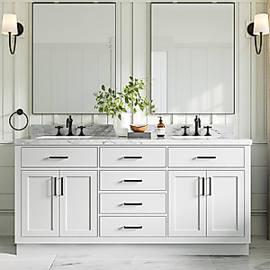 DKB Isabella Double Vanity 73" White with 1.5" Edge Italian Carrara Marble Countertop & Splash, Rectangular Sinks, 4 Soft Closing Doors, 6 Full Extension Dovetail Drawers, Toe Kick, Matte Black
