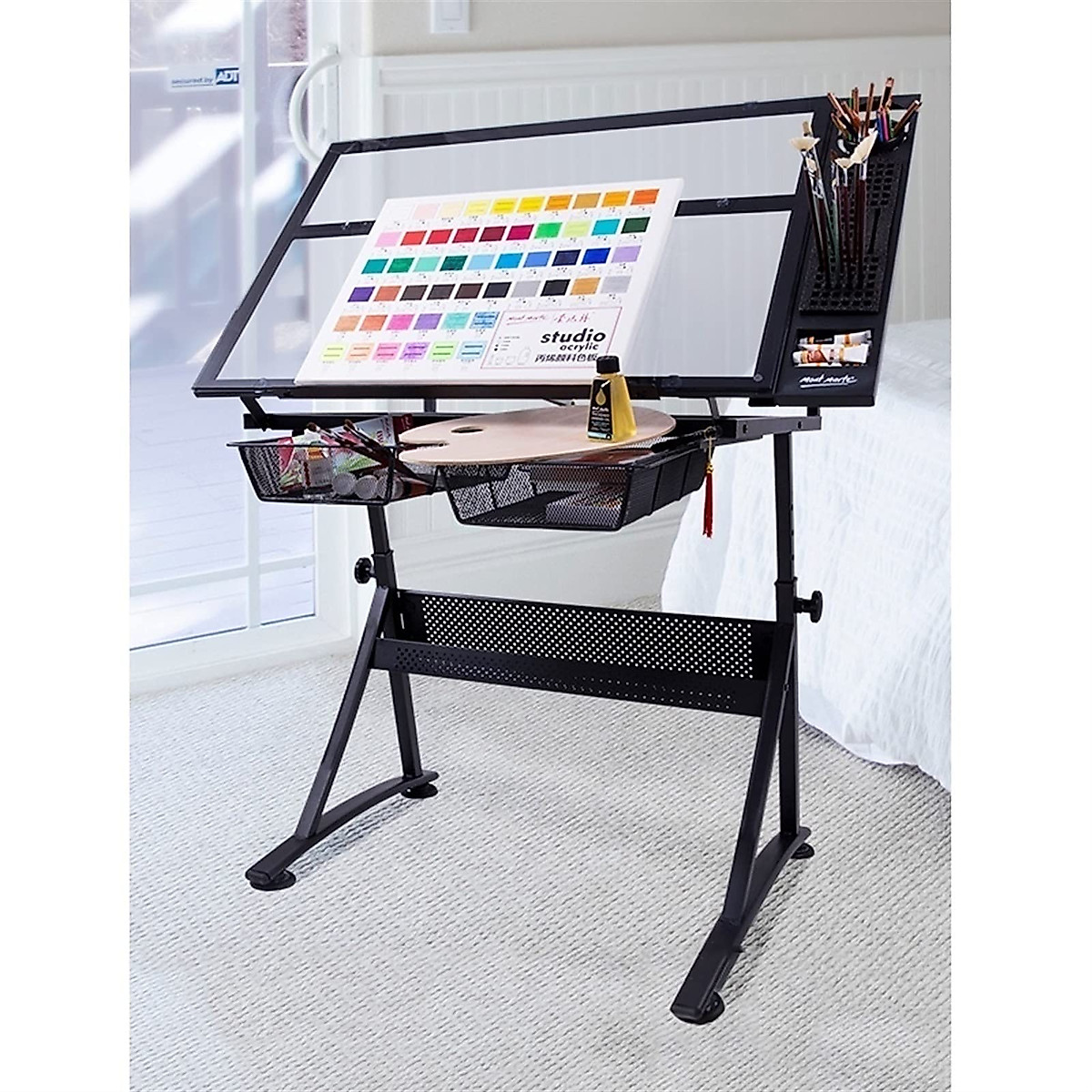 Adjustable Glass Drafting Table,Versatile Art Study Table,with Storage Drawers,Art Studio Design Sketching Painting Work Station