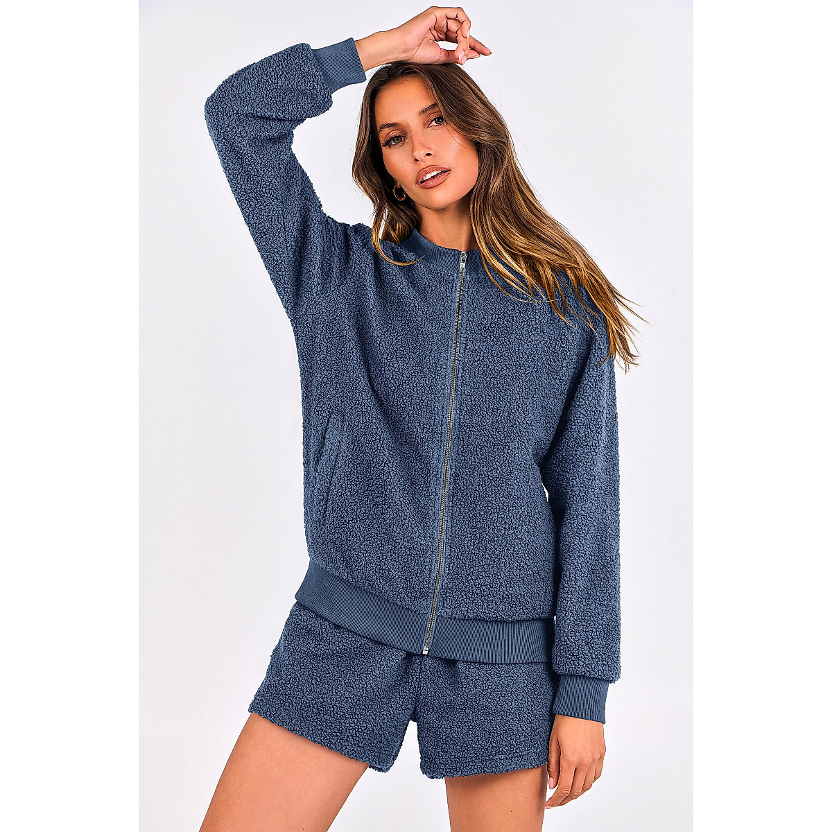 PRETTYGARDEN Women's Fall 2 Piece Outfits Casual Zip Up Teddy Fleece Jacket And Lounge Shorts Jogger Sets (Grey Blue,Large)