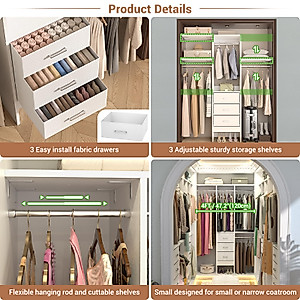 Besiost 4FT Small Closet System with 3 Fabric Drawers, 48'' Closet Organizer System with 3 Adjustable Shelves, Flexible Built-in Clothes Garment Rack for Small Space, 48" L x 13" W x 71" H, White