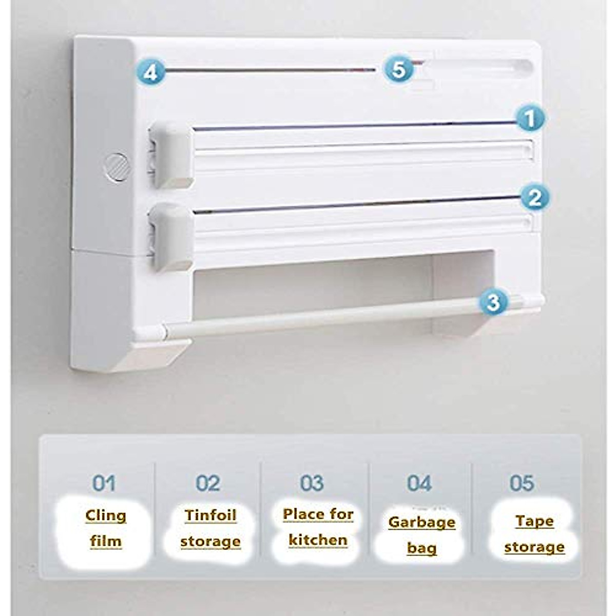 Multifunctional 6-in-1 Kitchen Storage Rack,Plastic Wrap Foil Dispenser,Wall-Mount Sauce Bottle Storage Paper Towel Holder