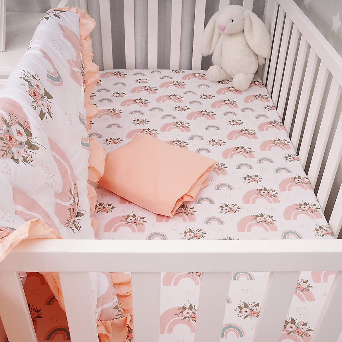 Noisy Mouse - Boho Rainbow, Premium, 100% Organic Cotton 4-Piece Baby Nursery Bedding Crib Set | Baby Comforter | 2 X Fitted Crib Sheets | Crib Skirt (Peach, Teal, White)