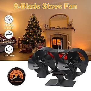 BAISHARK Wood Stove Fan, Heat Powered Stove Fan, Fireplace Fan with Magnetic Surface Thermometer, Eco Stove Fan for Wood Burner/Burning/Log Burning, Double Motors, 8 Blades