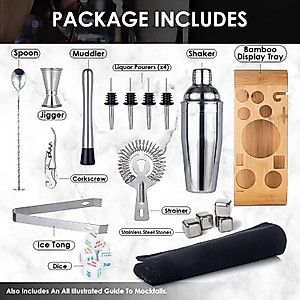 Bartender Kit - at Home Mixology Bar Kit, Bartender Set w/Jigger for Bartending, 25oz Martini Cocktail Shaker, Strainer, Mixer Spoon, Pourers, Muddler, Corkscrew, Bamboo Stand -21 Piece Bar Supplies