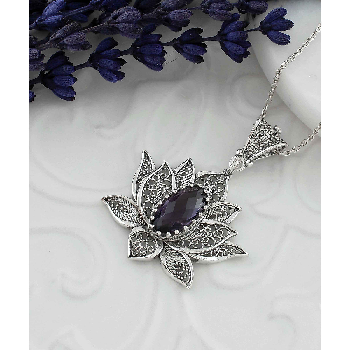 Filigranist 925 Sterling Silver Filigree Art Lotus Flower Women Pendant Necklace (Amethyst)
