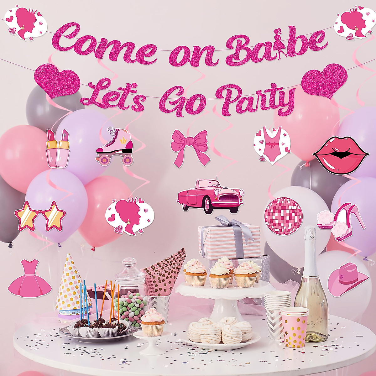 Come On Babe Let's Go Hot Pink Princess Birthday Banner and Hanging Swirl Hot Pink Girls Party Supplies Party Decorations for Bachelorette Bridal Shower Party Supplies