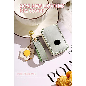 HIBEYO Leather Key Fob Cover 3 Buttons for Mazda 3 Alexa CX-30 CX-3 CX-5 CX-7 CX-9 CX-4 2020 2021 2022 Smart Remote Auto Key with Key Chains Accessories-Green