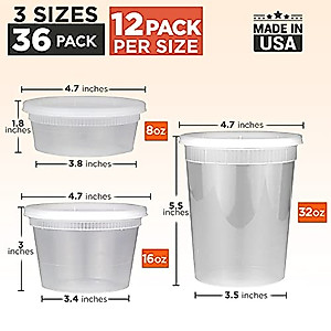 [36 Pack, 3 Sizes] Food Storage Containers with Lids, Round Plastic Deli Cups, US Made, Assorted 8 16 32 oz Cup Pint Quart, Leak Proof Airtight, Microwave & Dishwasher Safe, Stackable, Reusable, White