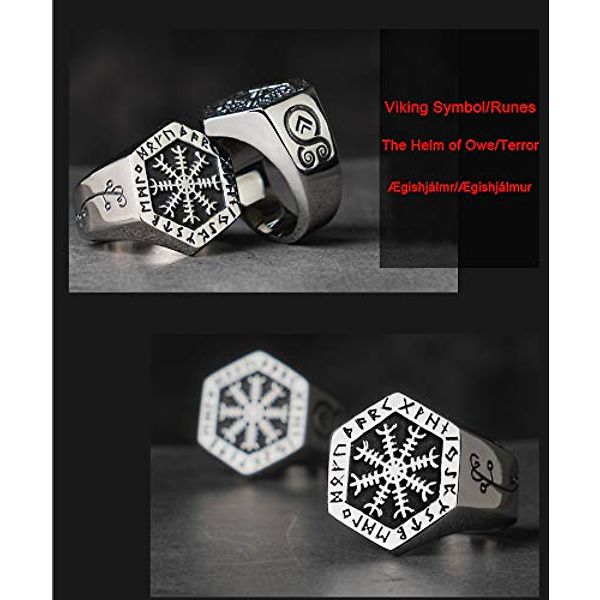 Titanium Stainless Steel Aegishjalmur The Helm of Awe Ring Norse Viking Elder Futhark Rune Ring Jewelry for Men Women Size 10 Silver Tone