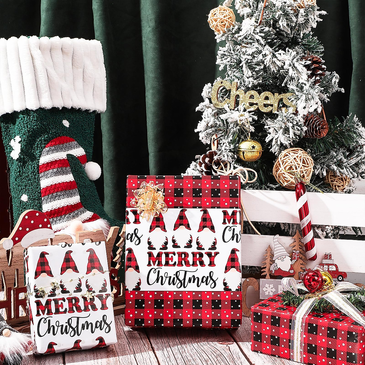 LeZakaa Reversible Christmas Wrapping Paper - Jumbo Roll - Gnome & Buffalo Plaid - 30 inches x 100 Feet (250 sq.ft.)