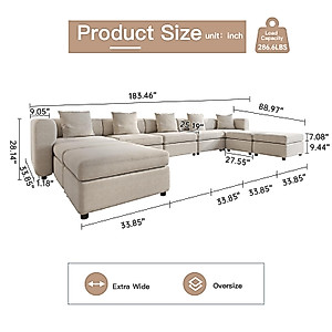 Miuuod 9 Seaters L/U Shape Oversized Convertible Sectional Sofa Couch for Living Room,5 Seats with 4 Ottomans L Shape Couch,Cozy Couches,Queen Velvet Extra Large Sofa Bed Beige,183.46" L
