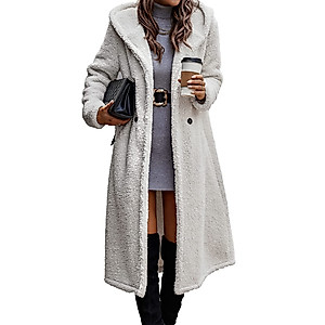 PRETTYGARDEN Women's Fashion Winter Coats Fuzzy Fleece Long Hooded Jackets Button Down Faux Fur Warm Outerwear (Beige White,Large)