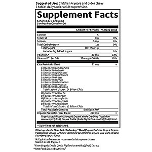 Garden of Life Dr. Formulated Probiotics Organic Kids+ Plus Vitamin C & D, Strawberry Banana, Gluten Dairy & Soy Free Immune & Digestive Health Supplement, No Added Sugar, 30 Chewables (Shelf Stable)
