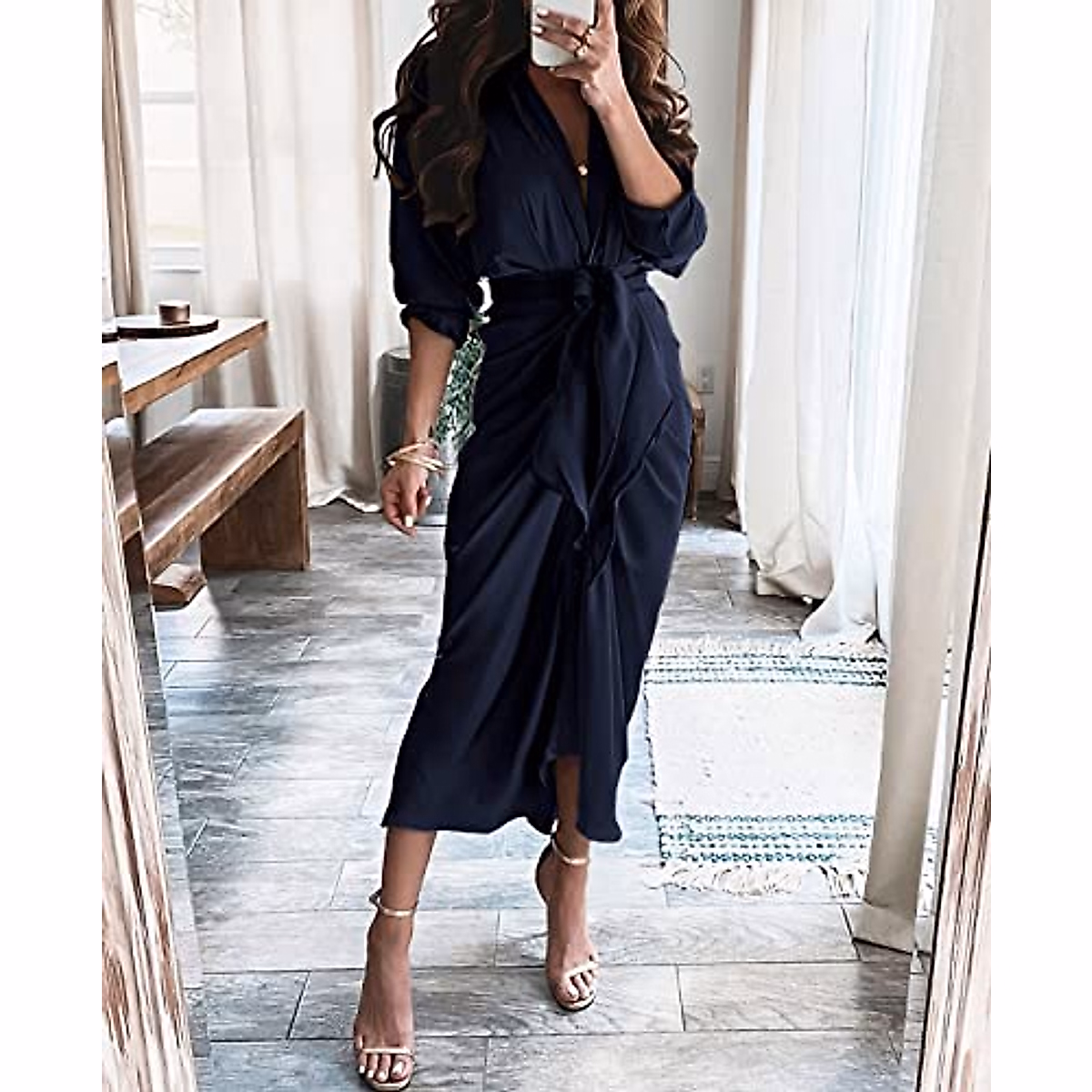 BTFBM Women 2023 Long Sleeve Lapel V Neck Button Down Satin Dress Belted Elegant Ruched Summer Fall Maxi Shirt Dresses(Solid Navy, Large)