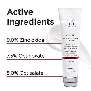 EltaMD UV Sport Broad Spectrum SPF 50 Sunscreen Sport Lotion, Body Sunscreen With UVA and UVB Protection, Water Resistant Up To 80 Minutes, Non-Greasy, Oil Free Formula With Zinc Oxide, 3 Oz Tube