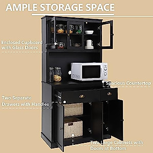 MUPATER Kitchen Pantry Storage Cabinet with Microwave Stand, 71'' Freestanding Hutch Cabinet with Buffet Cupboard, Drawers and Glass Doors for Home Office, Black