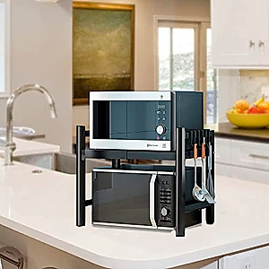 Expandable Microwave Oven Rack, Double Layer Carbon Steel Adjustable Microwave Shelf, Toaster Rack Heavy Duty Stand Kitchen Countertop Organizer, 55 lb Load Bearing, 2 Tier with 6 Hooks(Black)