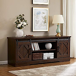 WAMPAT Farmhouse TV Stand Modern Sliding Barn Door Entertainment Center for TVs Up to 65 inch, Wood TV Media Console Table Cabinet Storage for Living Room, Rustic Brown