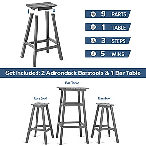 INTOBOO 3 Pcs Adirondack Outdoor Bar Table and Chairs Set, Round Bar Height Patio Set, HDPE Bar Set for Balcony, Garden, Poolside (Grey)