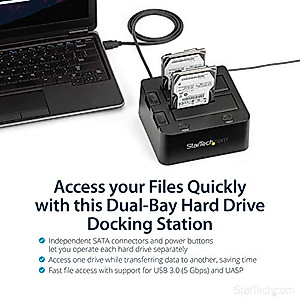 StarTech.com Dual-Bay USB 3.0 To SATA Hard Drive Docking Station, USB Hard Drive Dock, External 2.5/3.5" SATA I/II/III, SSD/HDD Docking Station, Hot-Swap Hard Drive Bay, Top-Loading (SDOCK2U33),Black