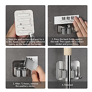 KWOKWEI 5PCS Broom and Mop Holder Wall Mount, Self Adhesive Broom Hanger with Hook, Stainless Steel Garden Tool Organizer Rack Broom Holder for Laundry Room, Bathroom, Garage, Kitchen Silver