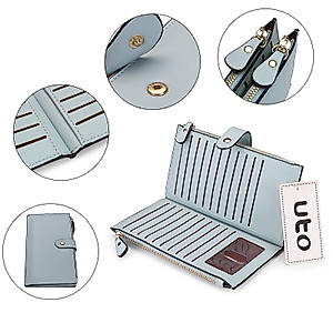 UTO Wallet for Women Leather Vegan 23 Slots Card Doulbe Zipper Pockets Large Phone Holder Organizer Light Blue