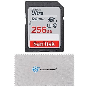 SanDisk SD Ultra Memory Card Works with Canon EOS M200, M100, M50, M5, M6 Mirrorless Camera (SDSDUN4-256G-GN6IN) Bundle with (1) Everything But Stromboli Micro Fiber Cloth (Class 10 256GB)