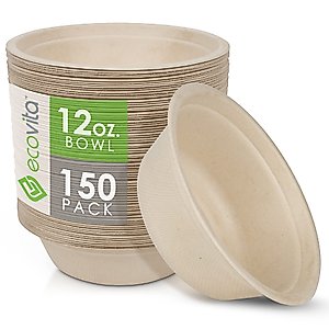 Ecovita 100% Compostable Paper Bowls [12 oz.] – 150 Disposable Bowls Eco Friendly Sturdy Tree Free Liquid and Heat Resistant Alternative to Plastic or Paper Bowls