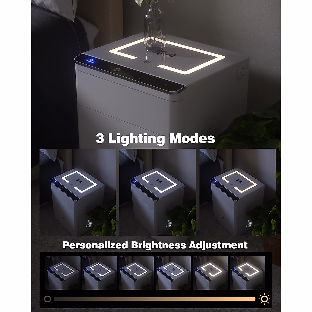 TIGERKING 3-in-1 Biometric Heavy Nightstand Safe, Lockable Drawer Gun Safes with Wireless Charging Station, Home Safe Adjustable Lighting with USB & Type-C Port for Bedroom Office, White