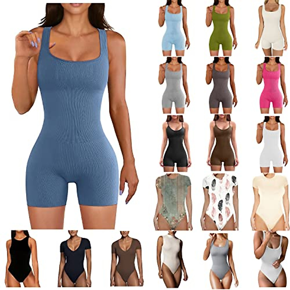 anuyalue Womens Yoga Romper Bodysuit for Women Tummy Control Ribbed Jumpsuit Sleeveless Seamless One Piece Bodycon Shapewear Workout Sets Women, A01-navy, 3X-Large