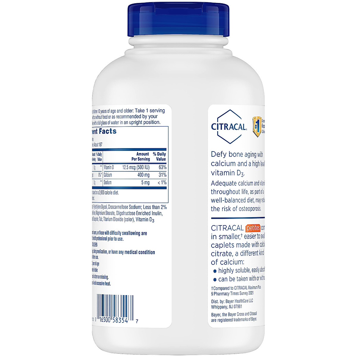 Citracal Petites, 400 mg Calcium Citrate, Easily Absorbed and Highly Soluble with 12.5 mcg (500 IU) Vitamin D3, Bone Health Support for Ages 12+, Smaller and Easier to Swallow Caplets, 375 Count