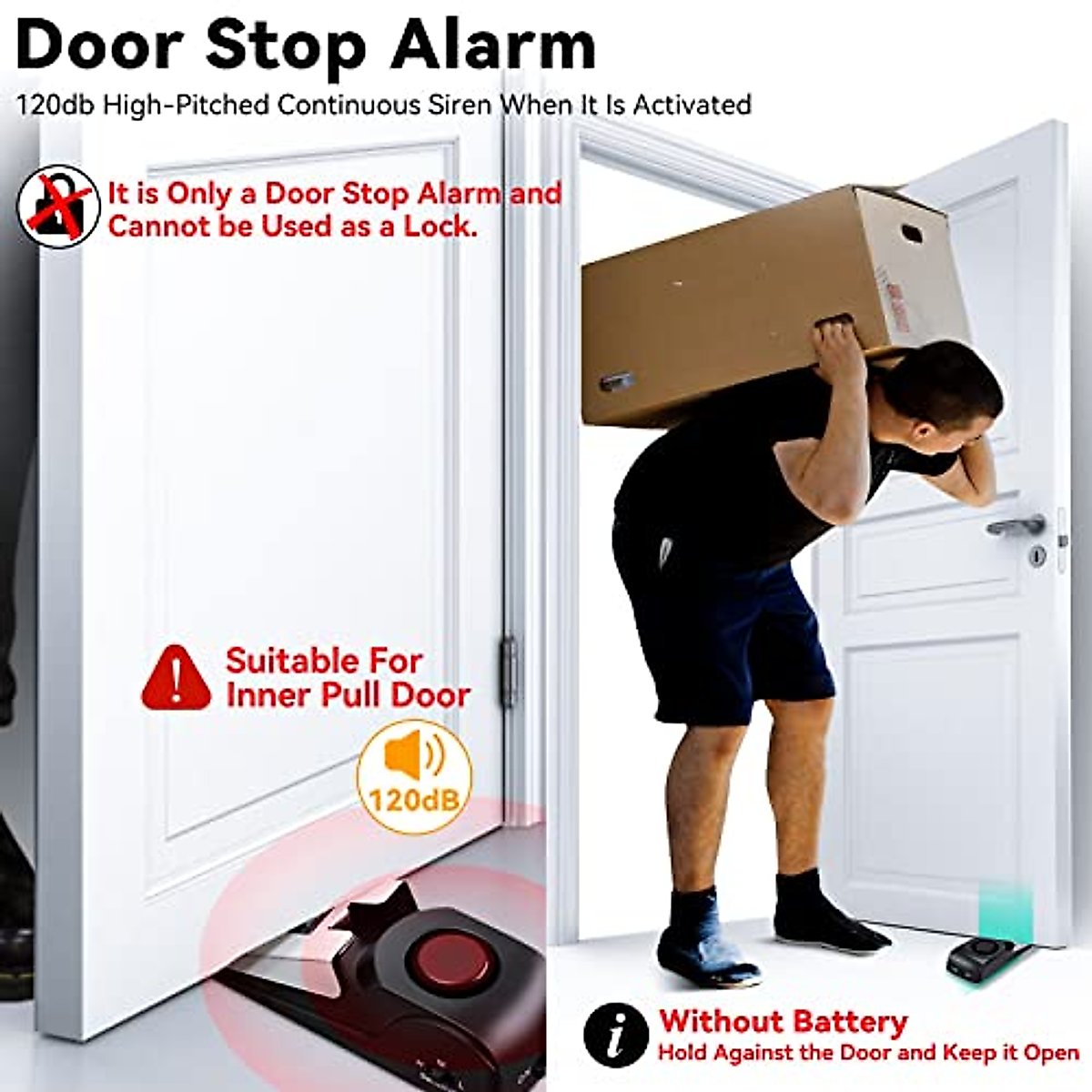 AceMining Door Stop Alarm with 120dB Siren, Floor Mount Type, Rubber Security Door Wedge for Home, Travel, Pack of 2, Black