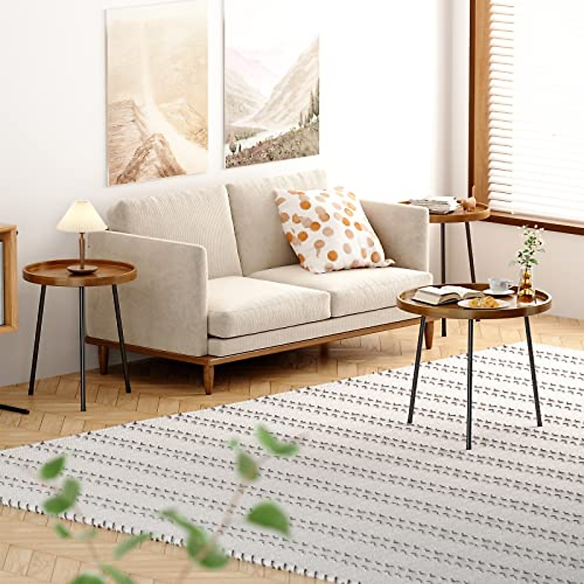 Yoimori End Table, 23 inch Wooden Round Coffee Table Nightstand with Tray and Metal Stand, Accent Table Ideal for Living Room Bedroom Office Small Spaces Indoor Outdoor