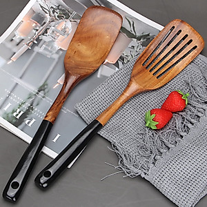 2 Pcs Best Wooden Spatula Set for Cooking Kitchen Slotted Turner Spatula Flat Wood Wok Spatula Non Stick Cooking Utensils for Frying Mixing Teak Fish Spatula Turner Black Egg Flipper Spatulas