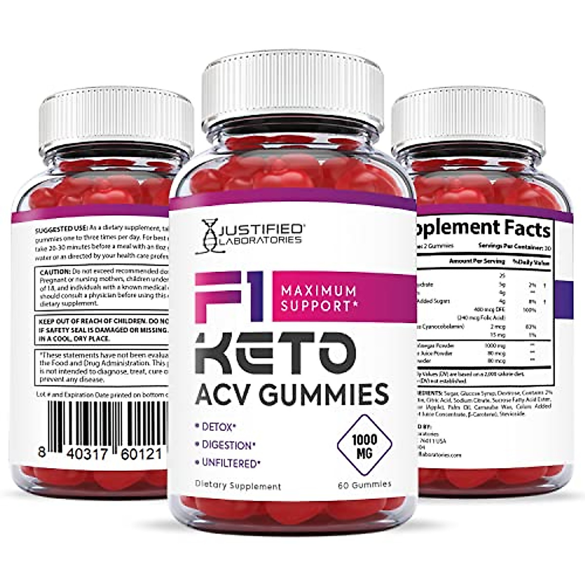 Justified Laboratories F1 Keto ACV Gummies 1000MG with Pomegranate Juice Beet Root B12 60 Ketos Gummys